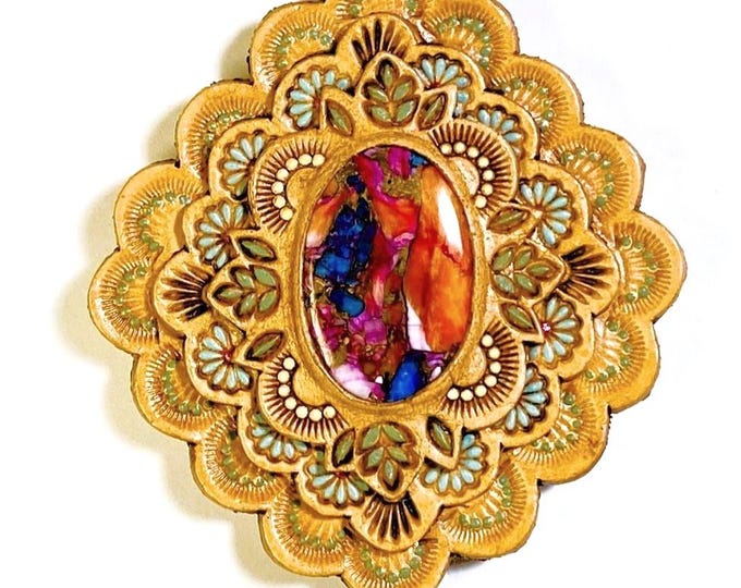 Unique Hand Tooled Antiqued Natural Leather Concho With Pink Mohave ...