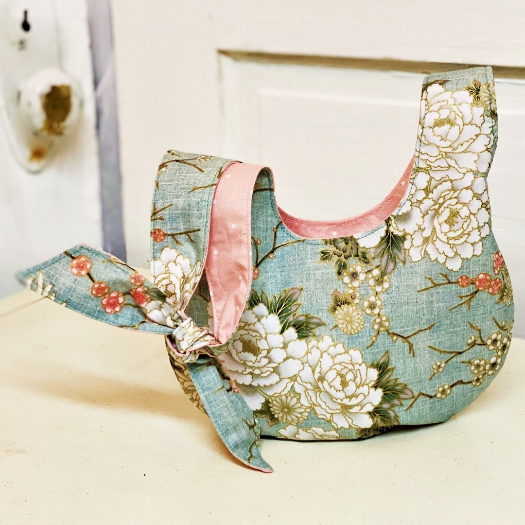 A Pretty Little Bow Japanese Style Knot Bag in Celadon Peonies & Pink Dots With Detachable Bow ...
