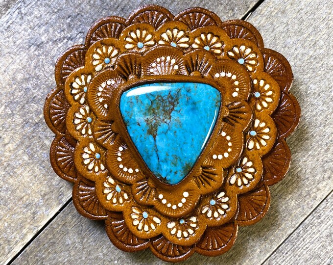 Unique Hand Tooled Saddle Tan Leather Concho With Arizona Turquoise ...