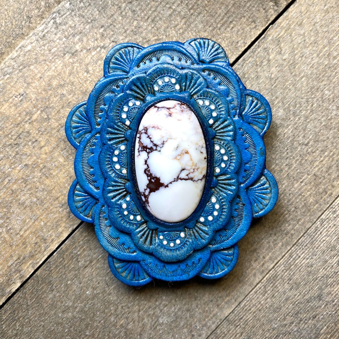 Unique Hand Tooled Turquoise Leather Concho With Wild Horse Turquoise ...