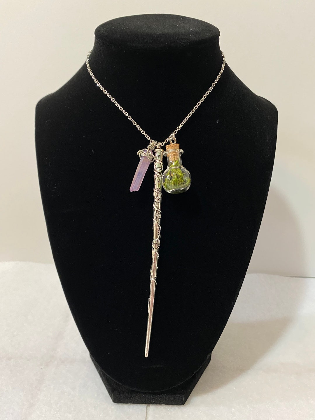 Magic Wand Crystal and Moss Trio Necklace, Amethyst, Wire Wrapped ...