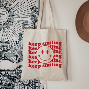 Keep Smiling Tote Bag, Smiley Face Tote Bag, Positive Vibes Tote Bag ...