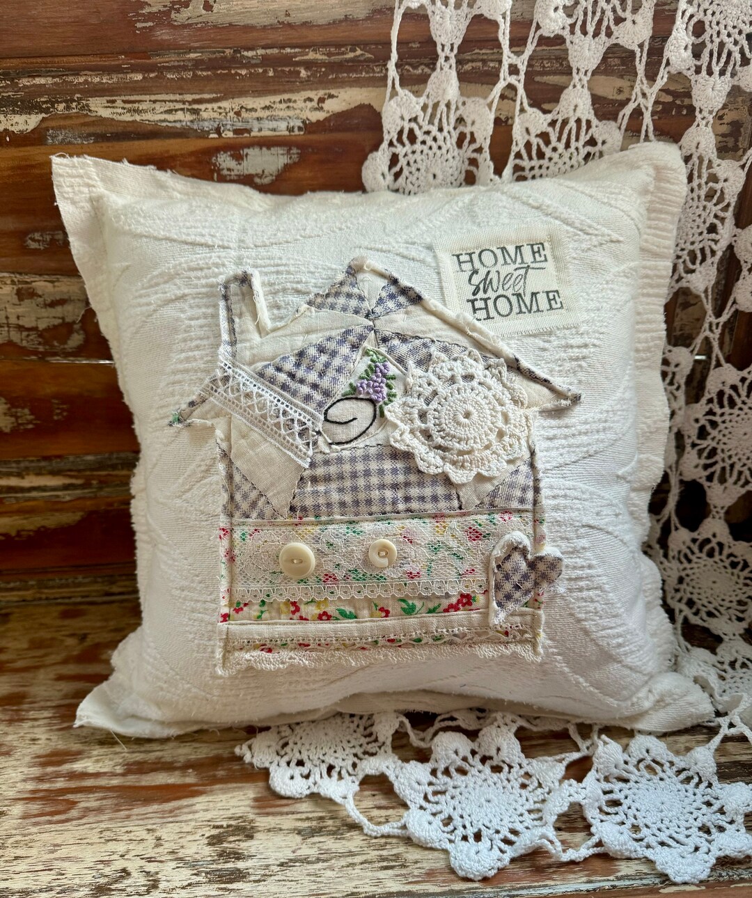 Vintage Repurposed Quilt, Home Sweet Home Pillow, Appliqued House ...
