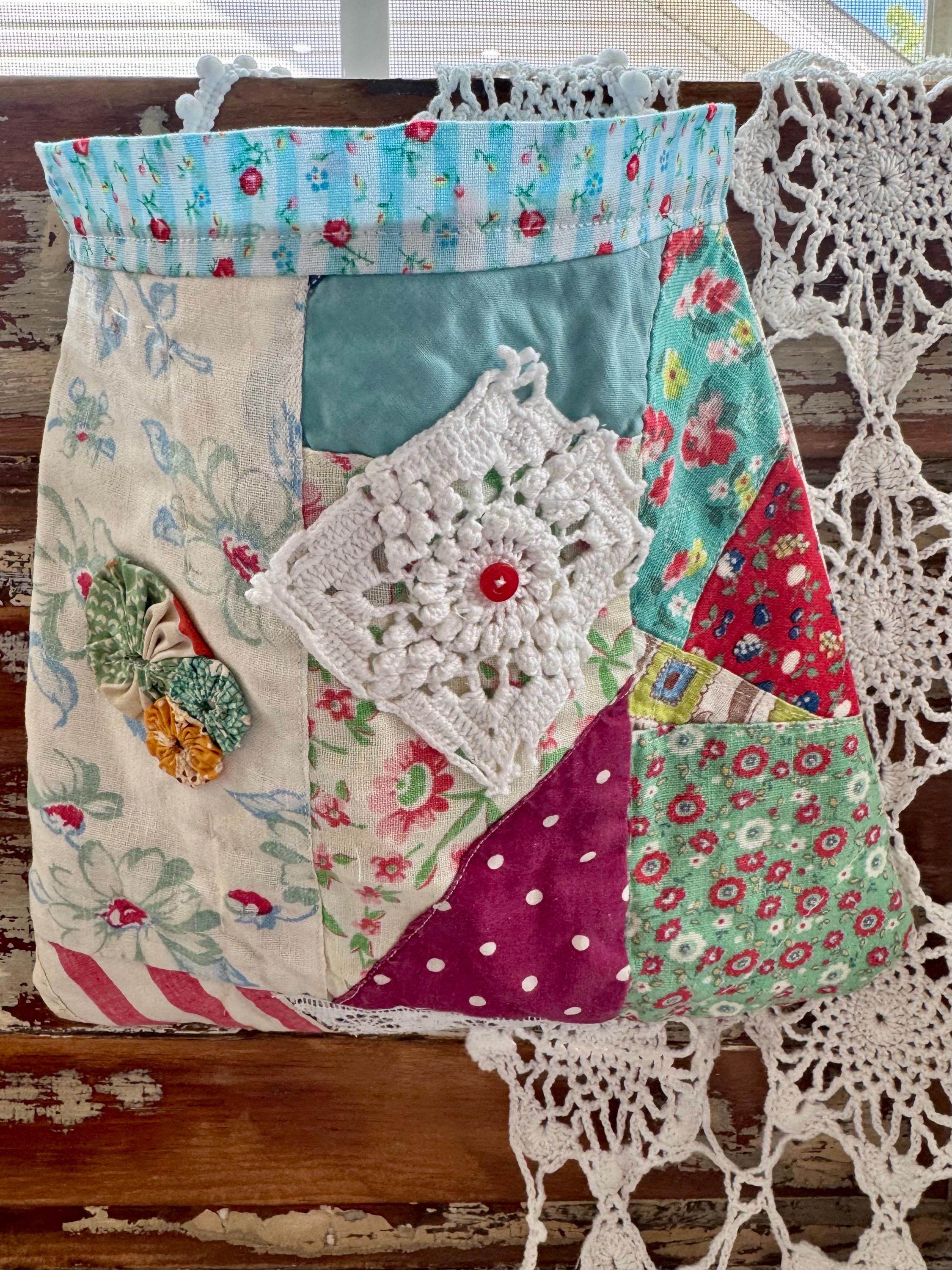 Pocket Pouch, Vintage Repurposed Quilt, Peg Rail/hook Hanger, Farmhouse Decor, Teasure Bag ...