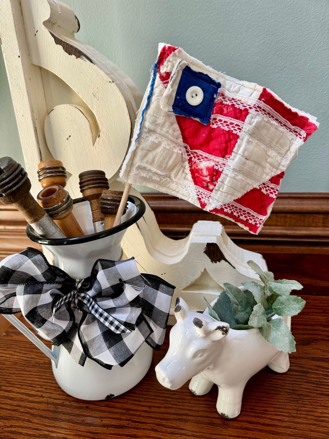 Patriotic Decor, Mini Flags, Repurposed Vintage Quilt, Set of Three ...