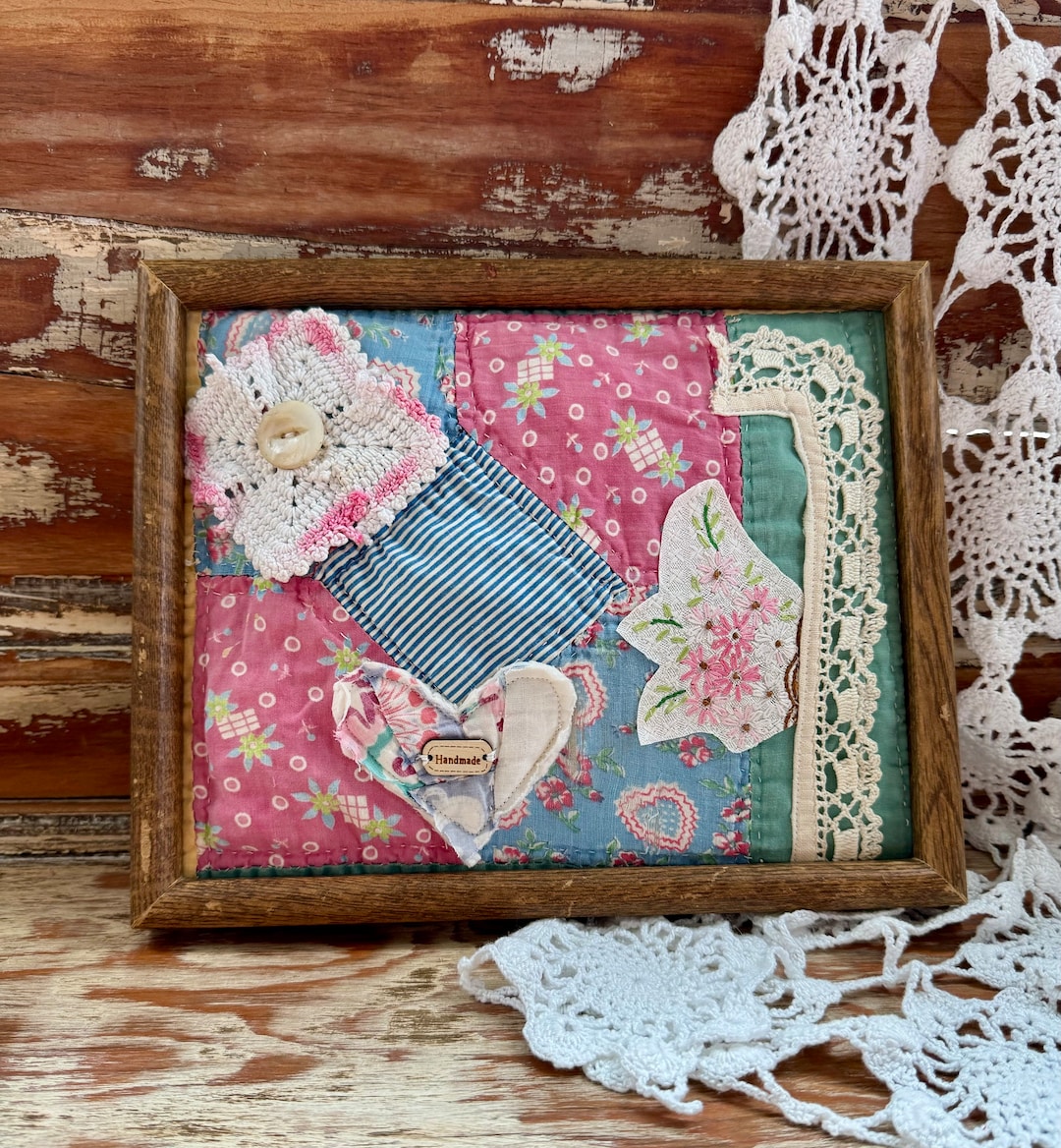 Framed Textile Art: Vintage Quilt Square With Crochet Lace (8x10) - Etsy