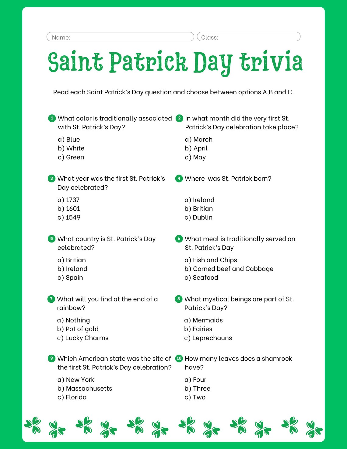 St. Patrick's Day Printable Game Bundle: Word Search, Trivia, and ...