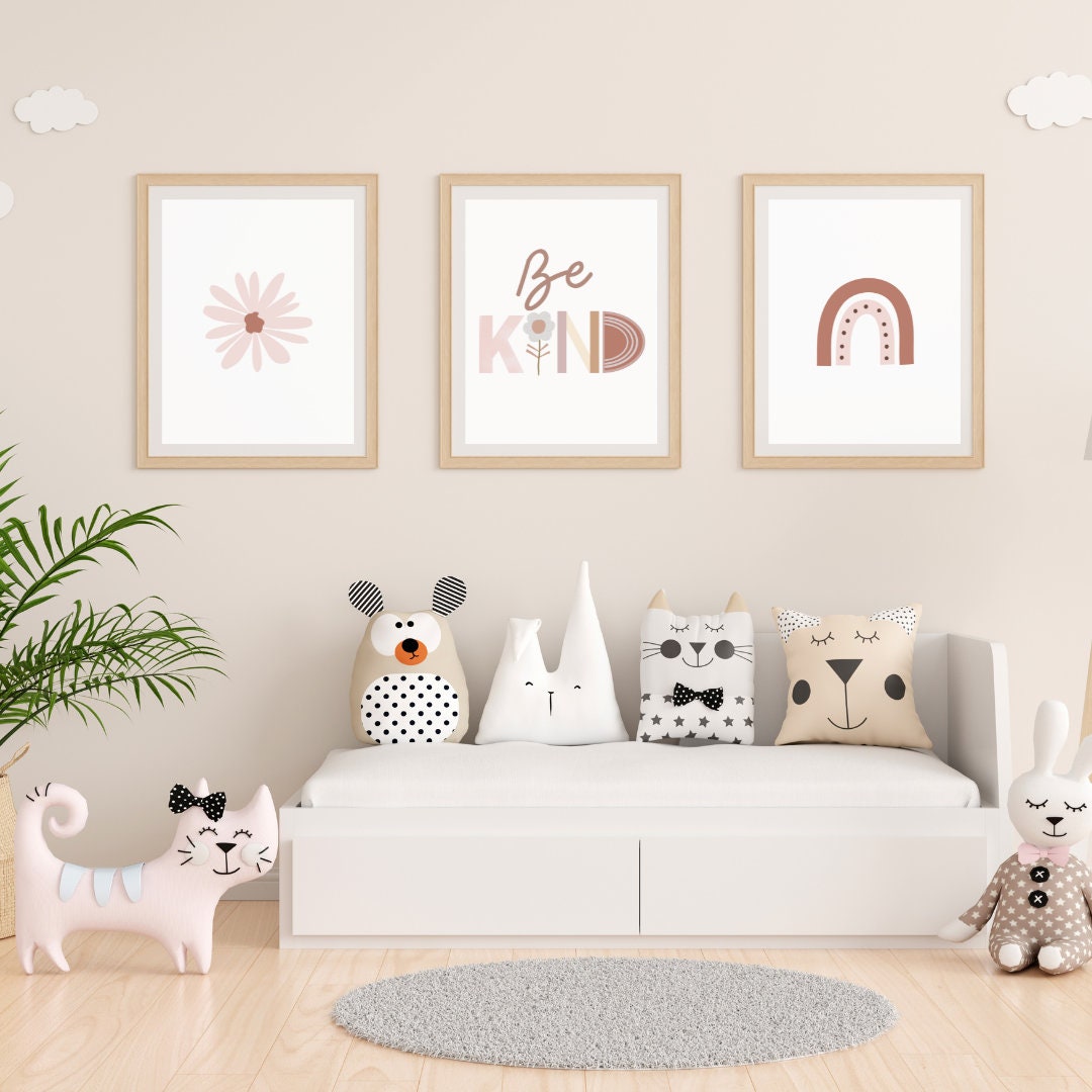 Neutral Rainbow Nursery Wall Art, Set of 3, Be Kind, Flower, Rainbow ...