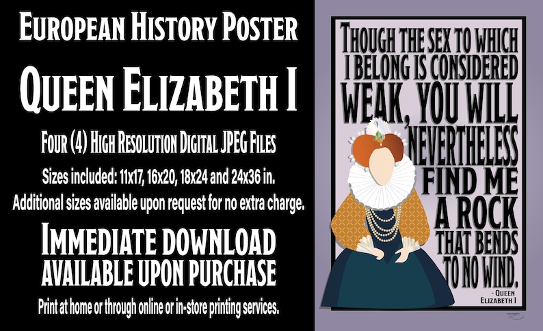 DIGITAL DOWNLOAD Queen Elizabeth I Poster European History | Etsy