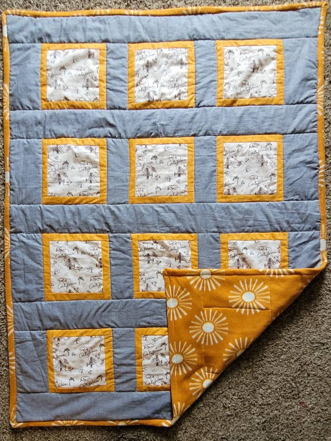 CALIFORNIA SUN Blue and Yellow/gold Quilted Throw Blanket for Decor or ...
