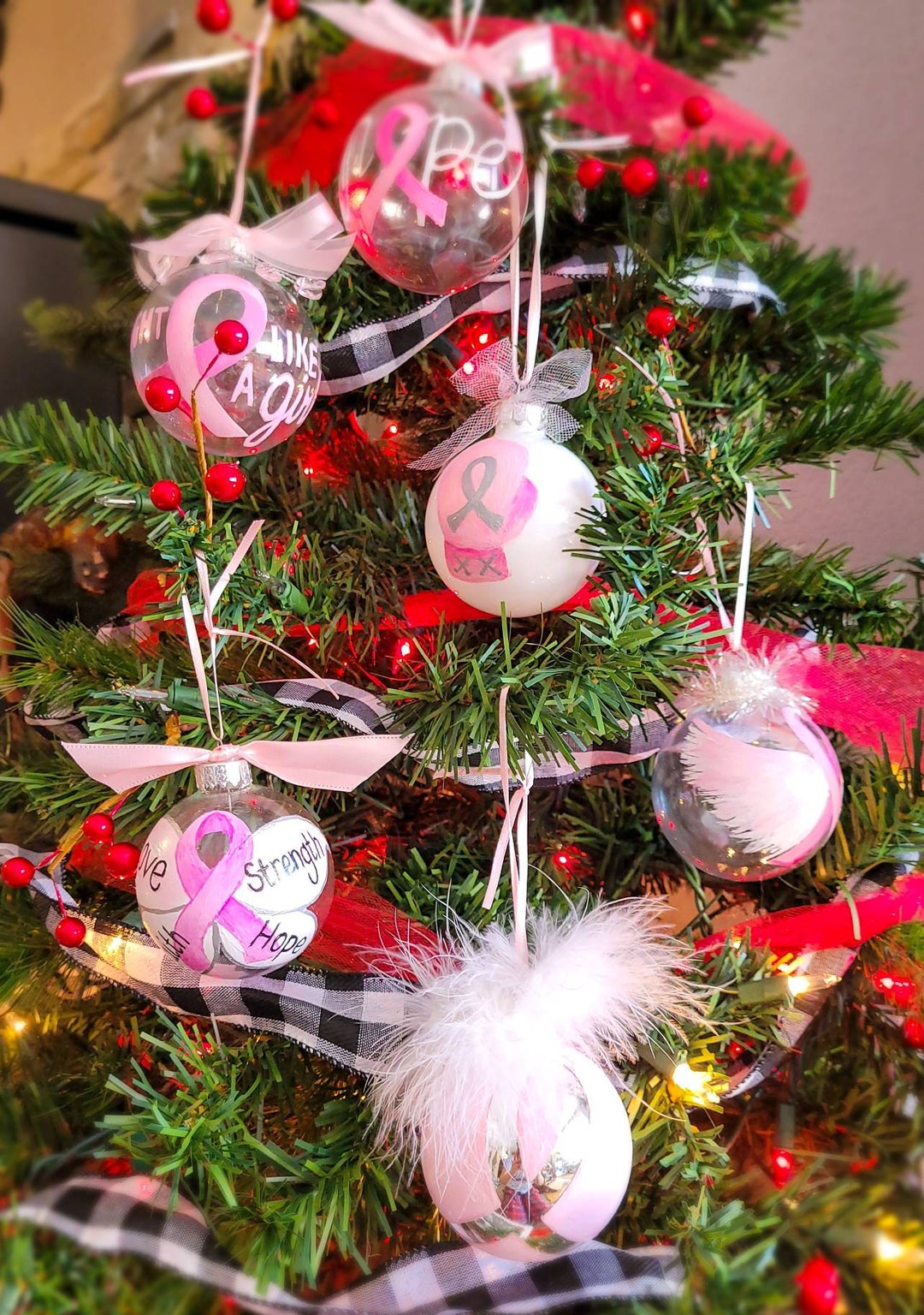 Breast Cancer Ornament | Set for 6 | Survivor Faith Hope Strength - Etsy