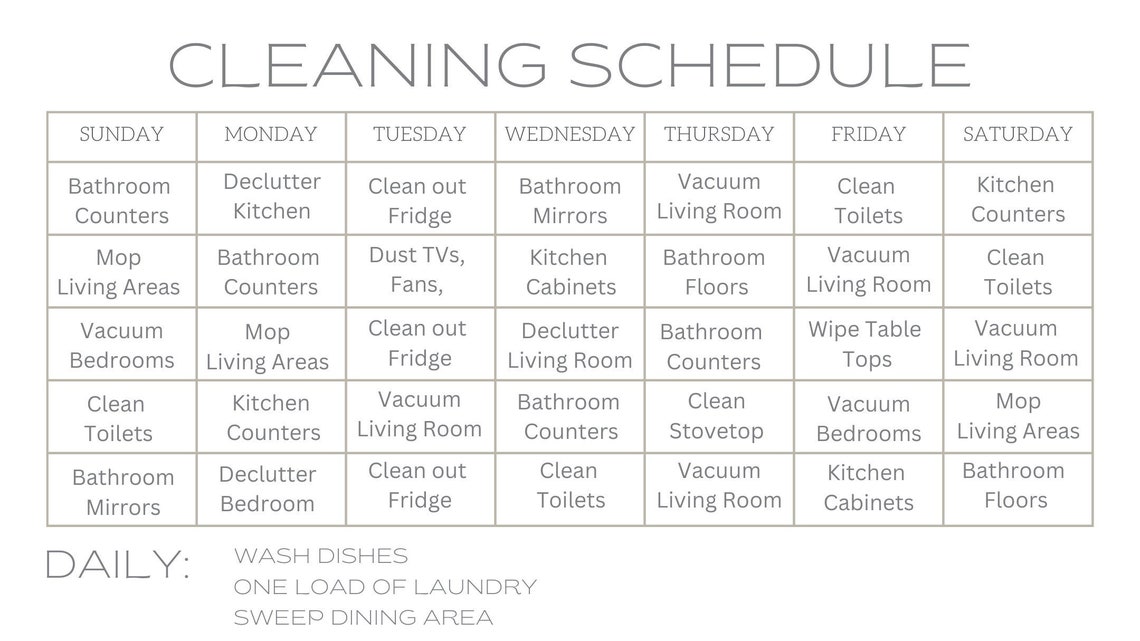 Monthly Cleaning Calendar - Etsy