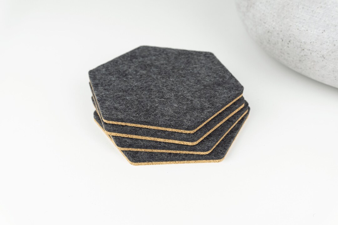 Hexagon Coasters Set - 4 Inch, Soft Wool and Cork, Merino Felt ...