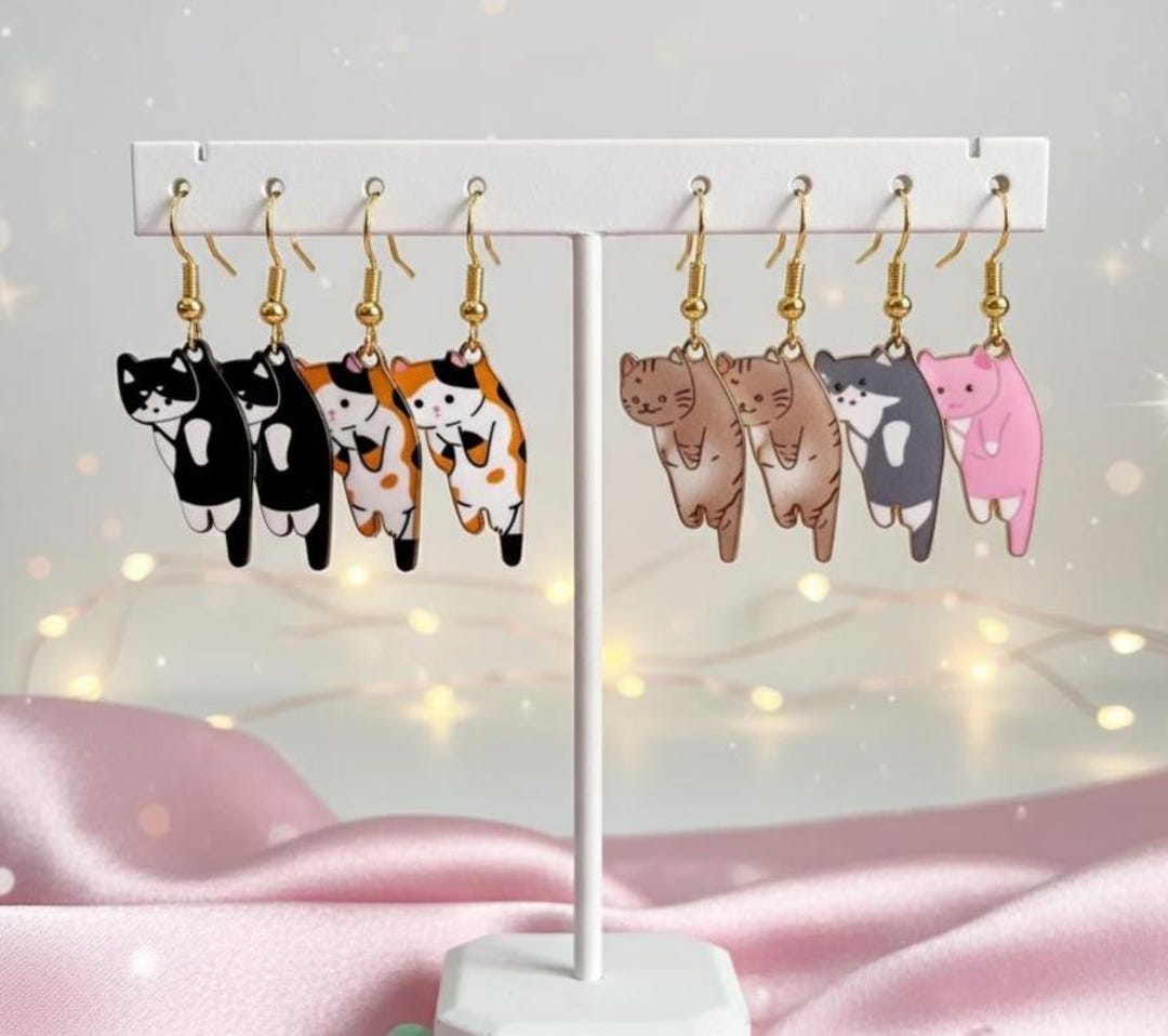 Adorable Cat Dangle Earrings, Hypoallergenic Silver Hooks, Cute Kitten ...