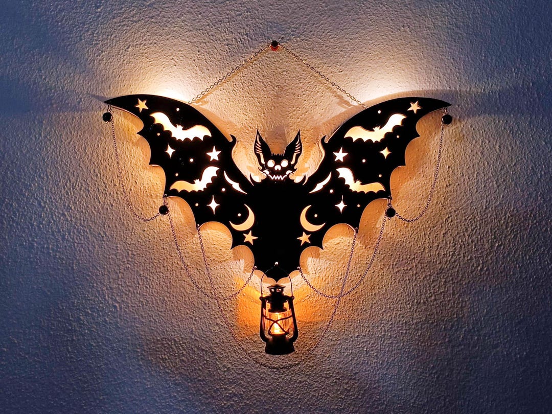 Gothic Bat Wall Lamp - Mystical Wooden Night Light for Witchy Decor and ...