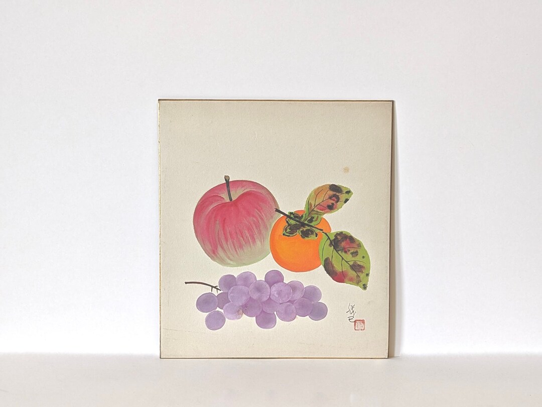 Shikishi Painting Watercolour Drawing Apple, Persimmon & Grapes - Etsy