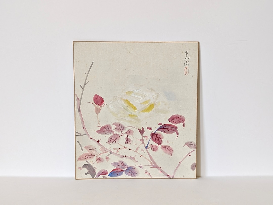Shikishi Painting | Watercolour Drawing | White Rose & Purple Leaves - Etsy