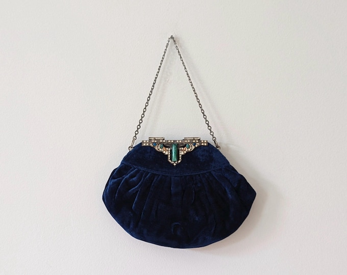 Vintage Evening Purse | Art Deco 1920s Bag | Navy Velvet & Enamel Frame ...