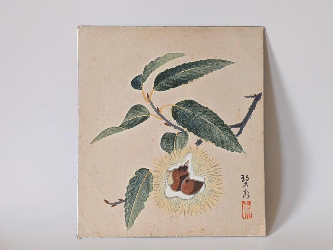 Shikishi Painting | Watercolour Drawing | Chesnut Fruits and Leaves - Etsy