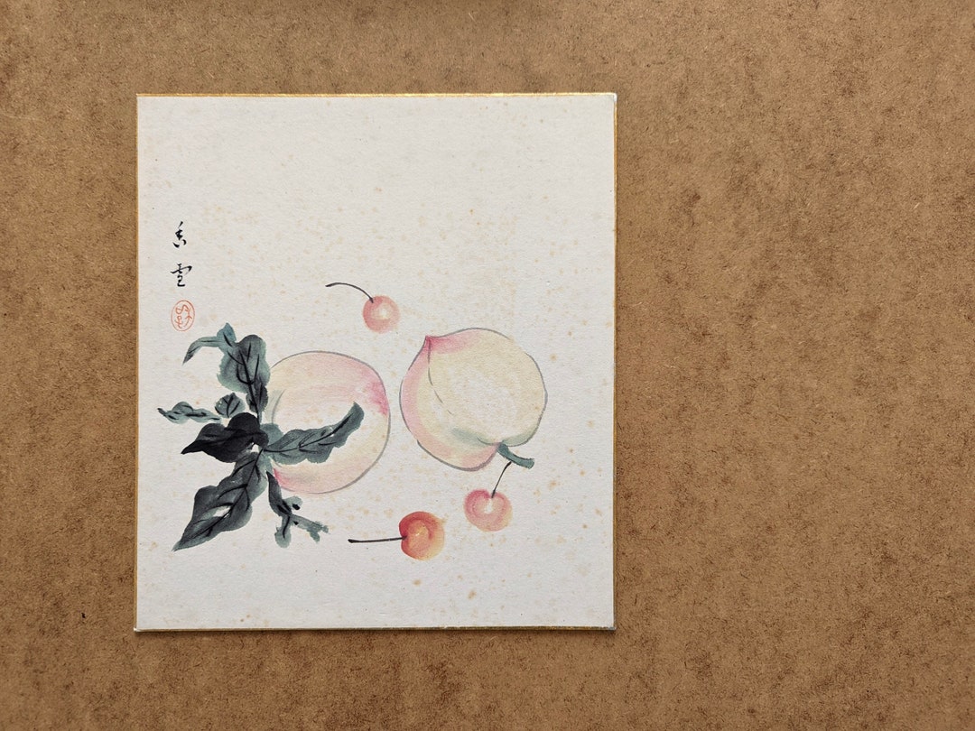 Shikishi Painting Watercolor Drawing Peaches & Cherries - Etsy
