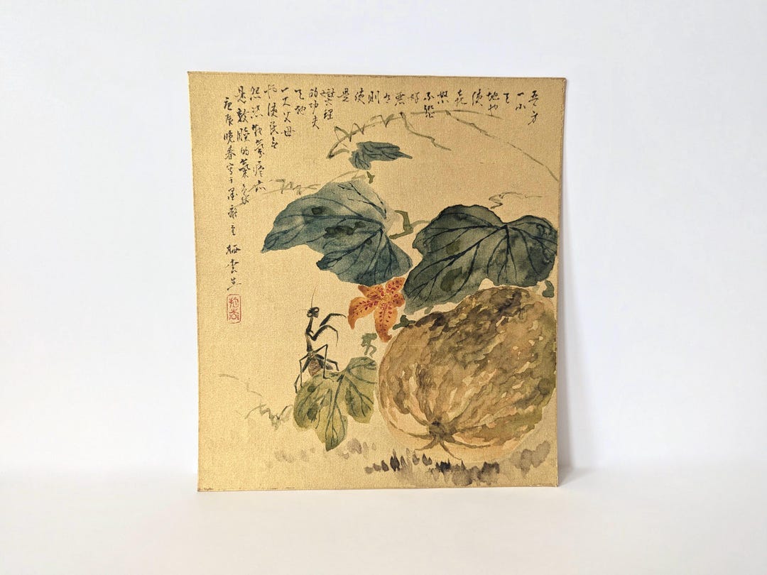 Shikishi Painting | Watercolour Drawing | Praying Mantis & Gourd - Etsy
