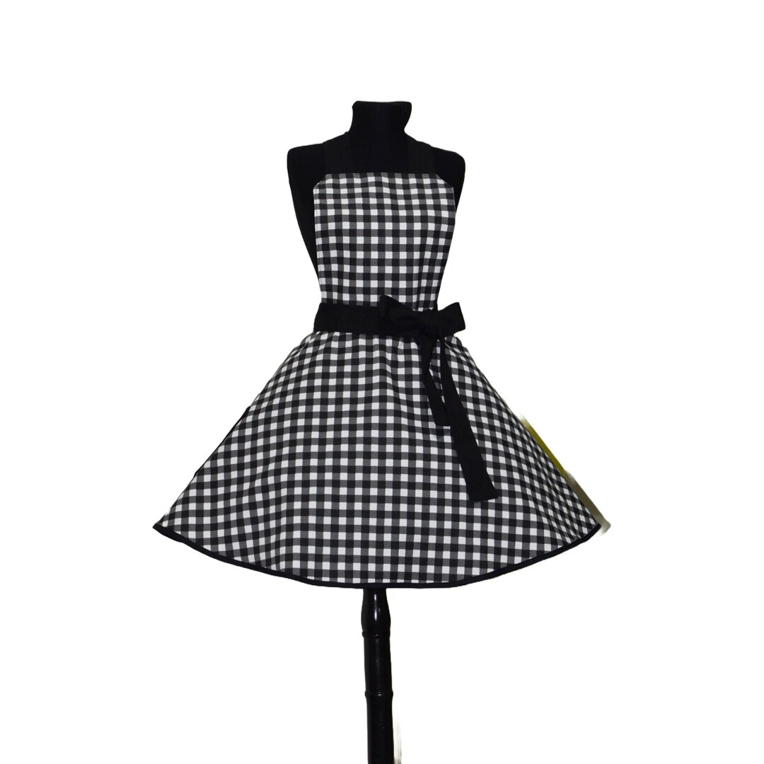 Black Retro Apron, Side Pocket Apron, Black White Apron, Plaid Apron ...