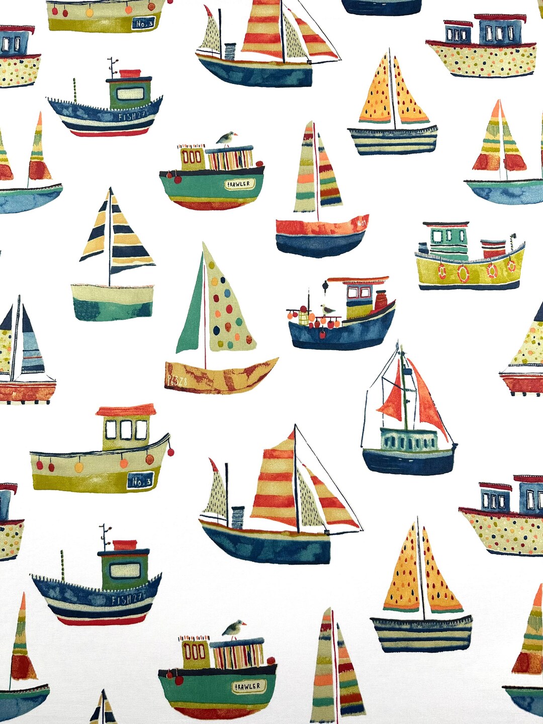 Fishing Sailing Boat Fabric by the Metre Nautical Children's Furnishing ...
