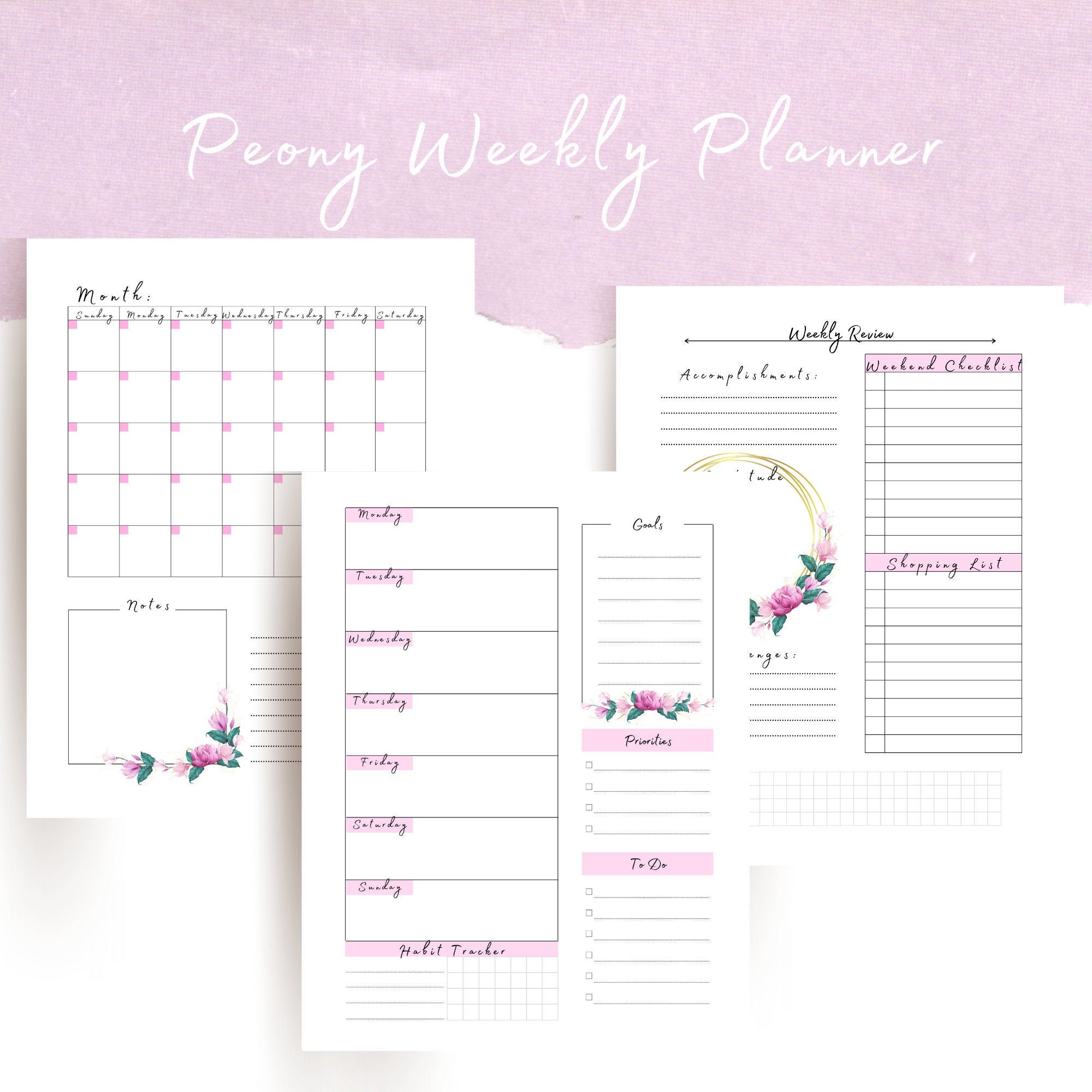 Downloadable Printable Weekly Planner - Peony - Etsy