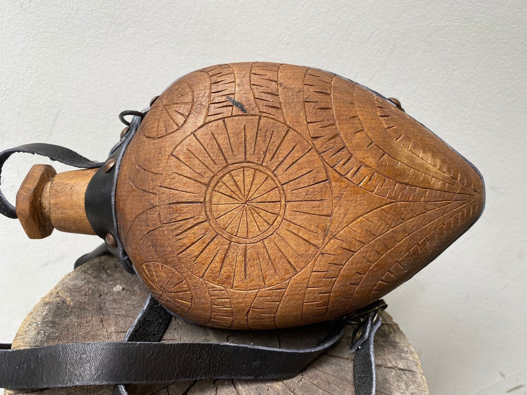 Hand Carved Wooden Flask, Large Vintage Wine Bottle , Wood Flask ...