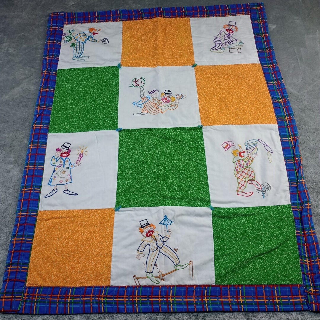 Vintage Clown Quilt Crib Blanket Handmade Colorful Hand Stitched ...