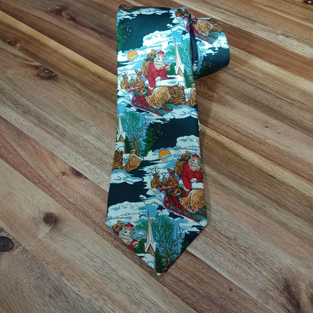 Vintage Lands End Tie Necktie Santa Christmas 100% Silk USA Made Hand ...