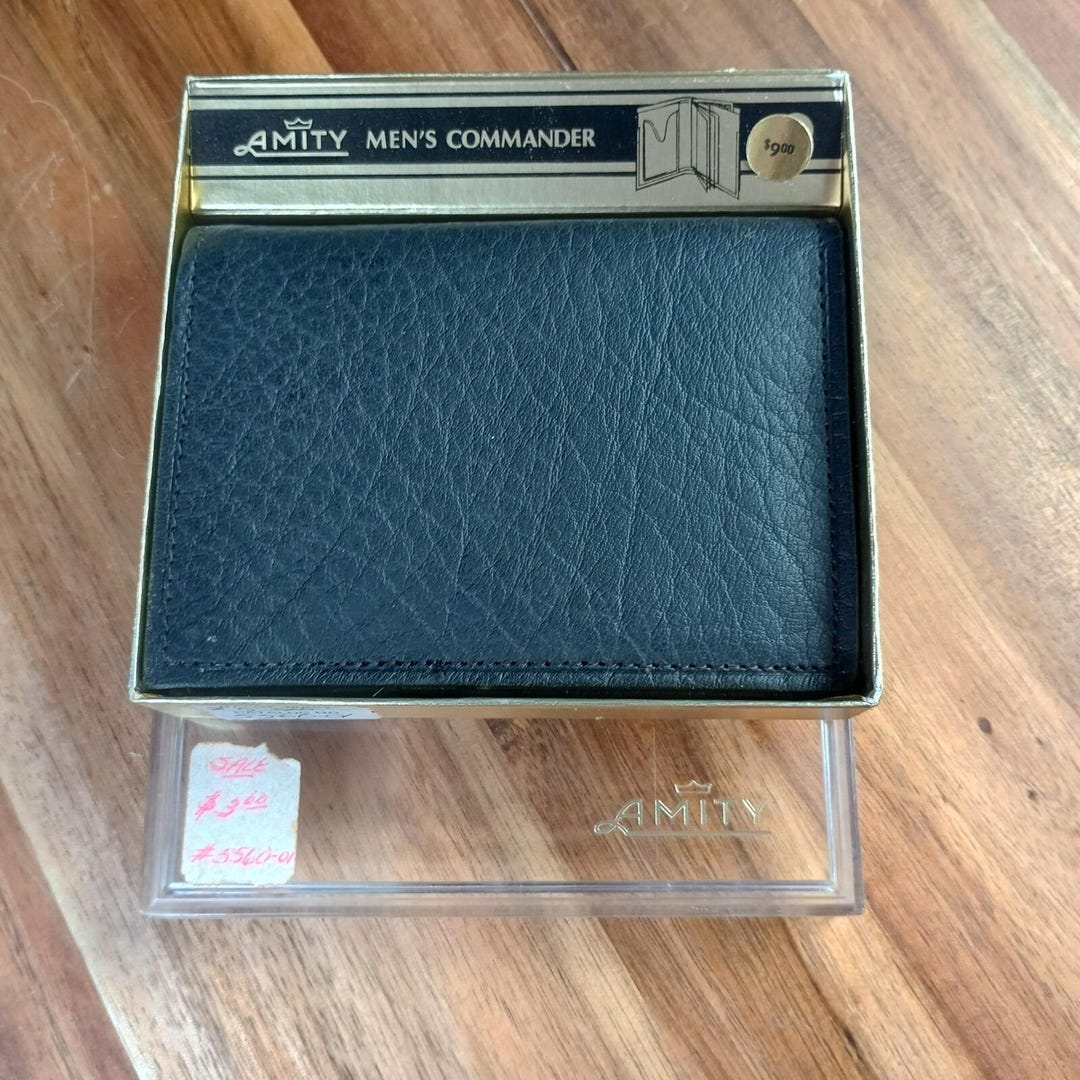 Vintage Amity Mens Black Leather Bi-fold Wallet Commander Water Buffalo ...