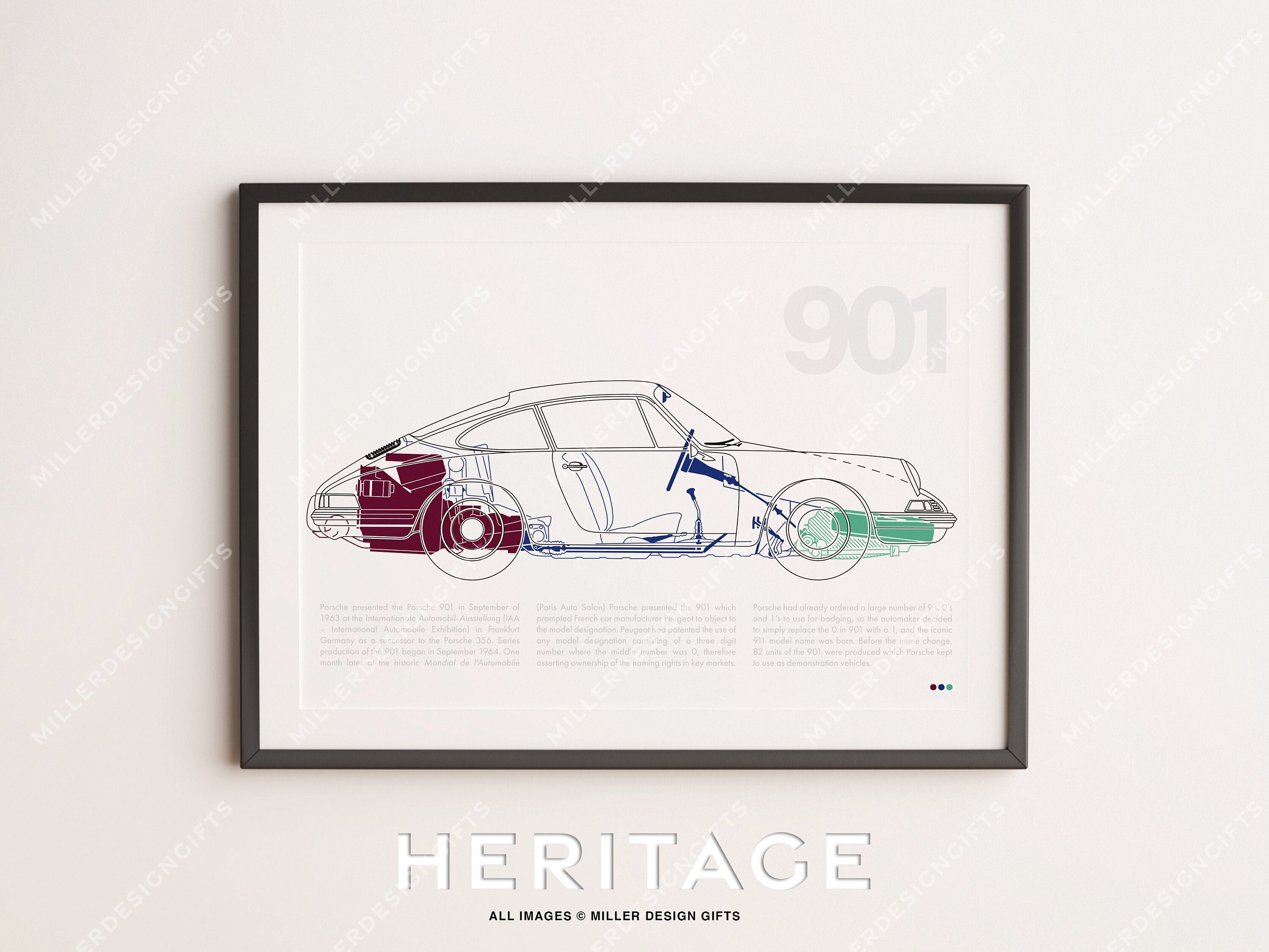Porsche 911 901 Print Cutaway Blueprint Original Art Wall Poster Decor ...