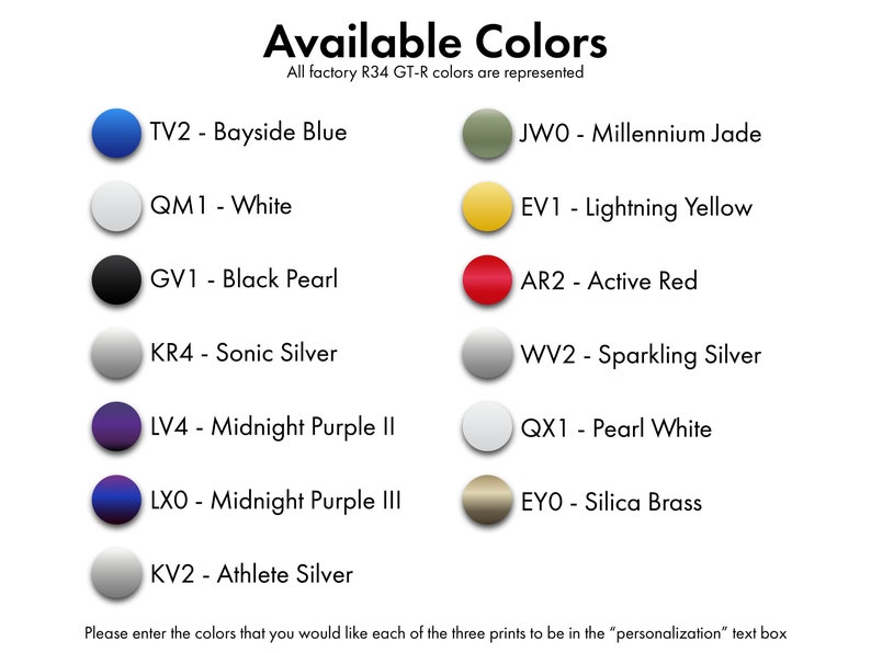 R34 Nissan Skyline GT-R Color Codes Set of 3 Large Prints - Etsy