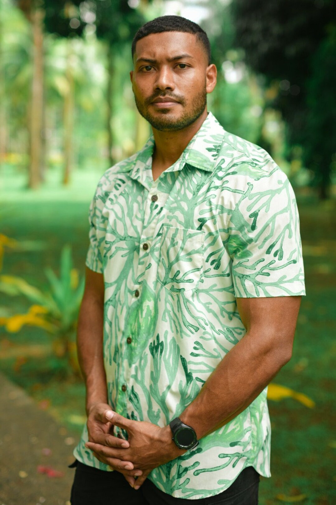 Coral and Seaweed Print Bula/aloha Shirt, Coconut Buttons, Green. Made ...