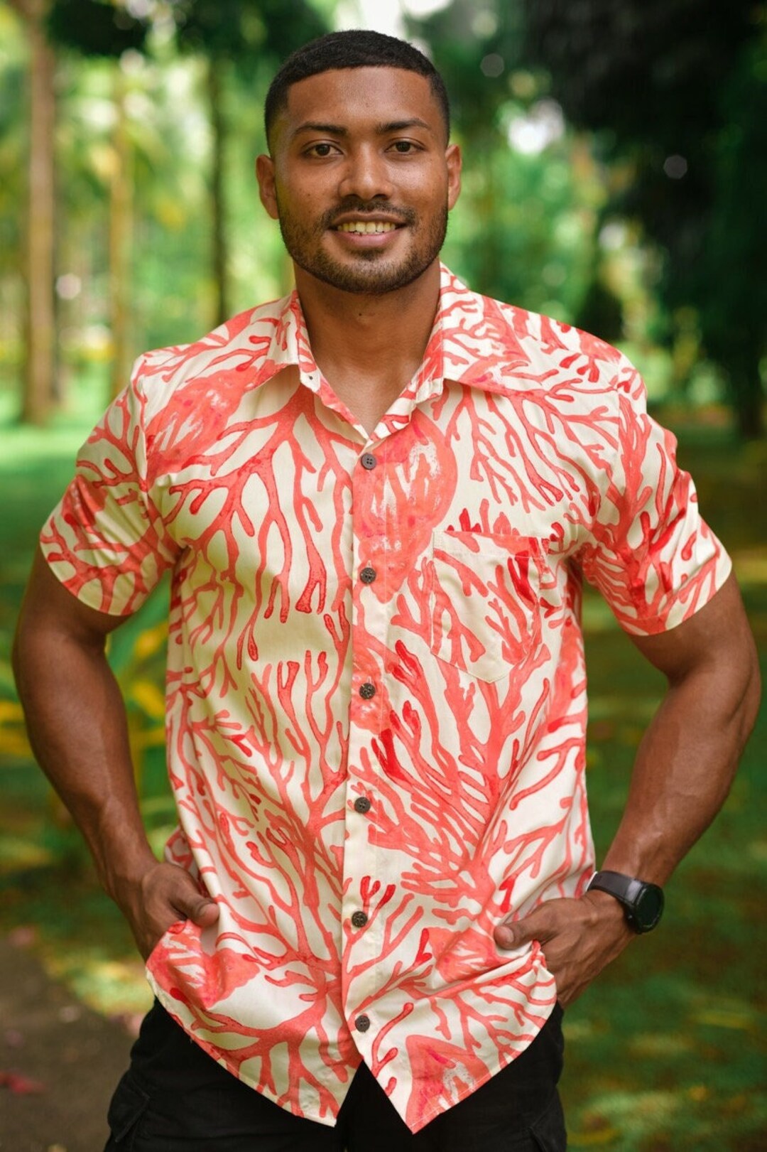 Red Coral and Seaweed Print Bula/aloha Shirt, Coconut Buttons. Made in ...