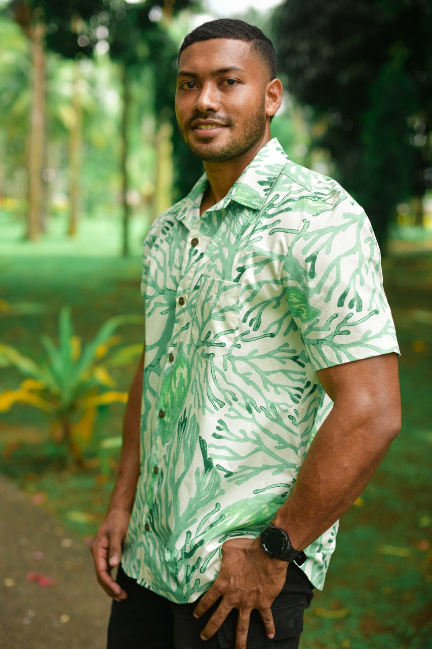 Coral and Seaweed Print Bula/aloha Shirt, Coconut Buttons, Green. Made ...