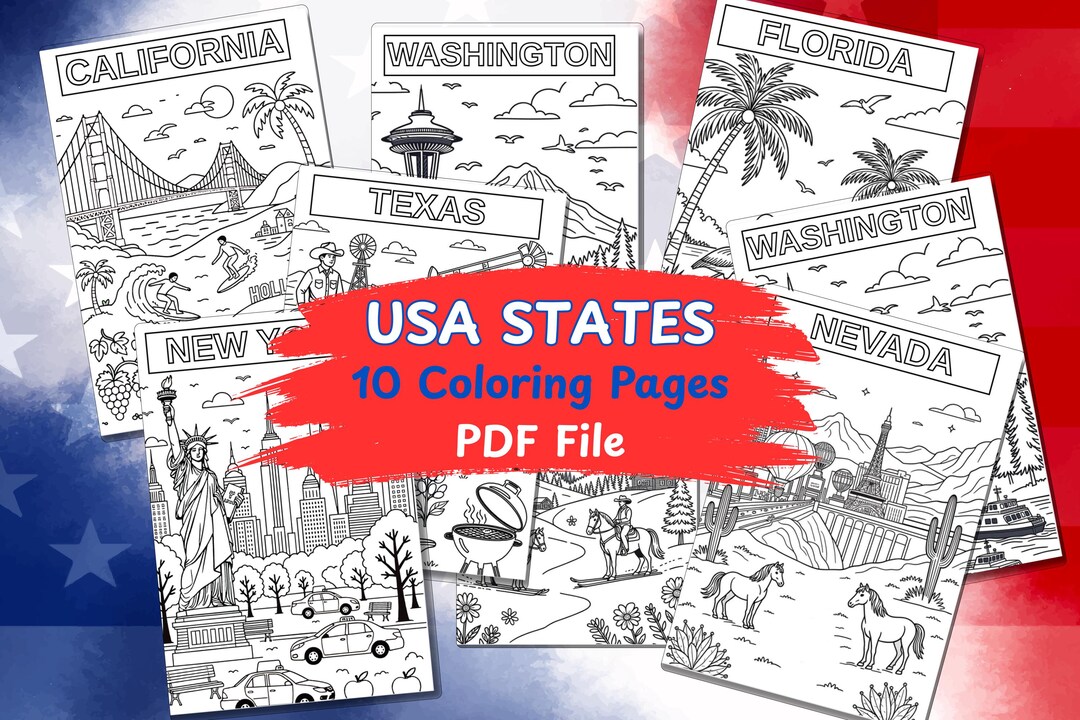 USA State Coloring Pages for Kids: Educational Printable Activity (A4 ...
