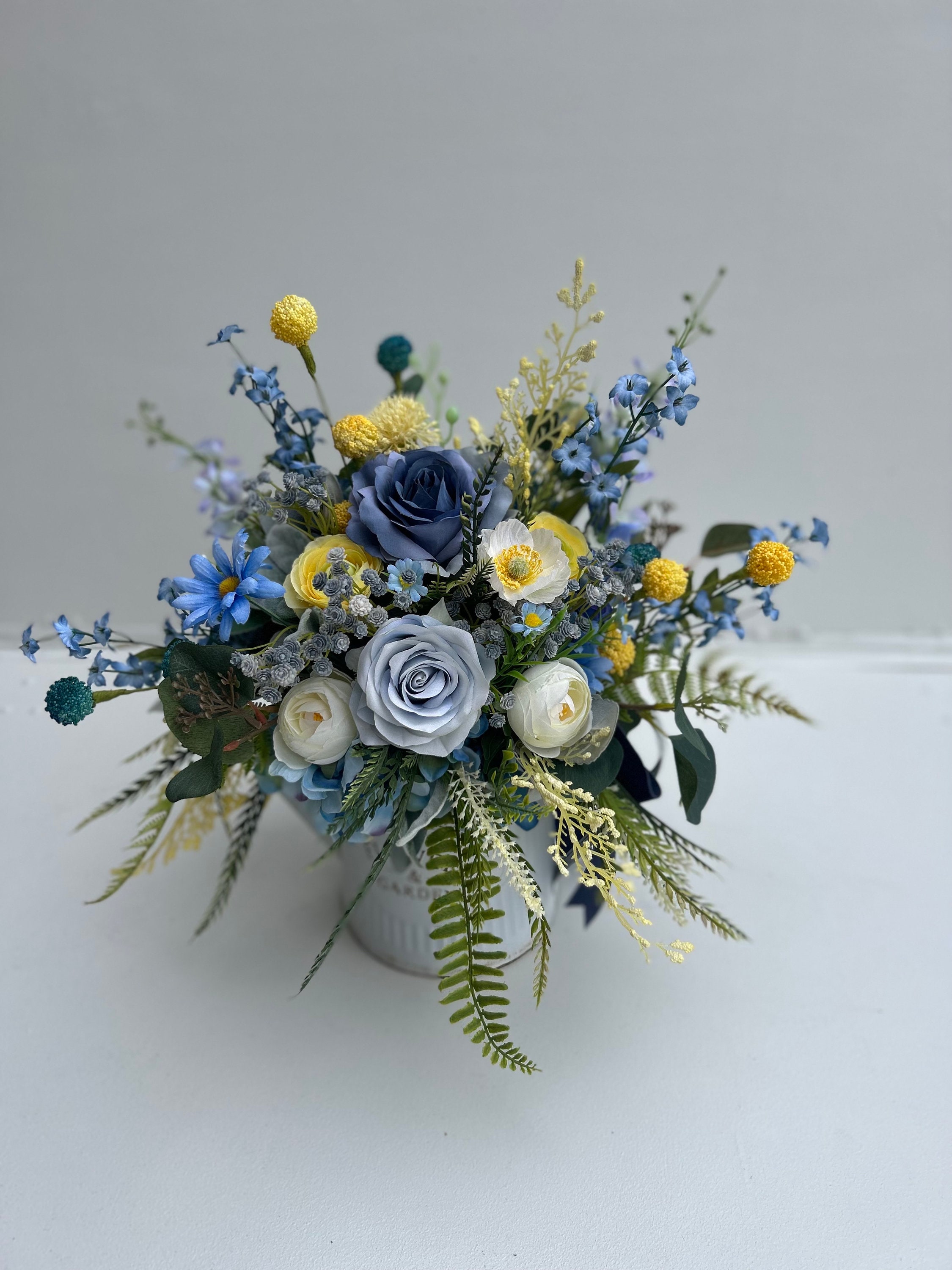 Blue Floral Spring Centerpiece / Spring Wreath / Farmhouse Watering Can ...