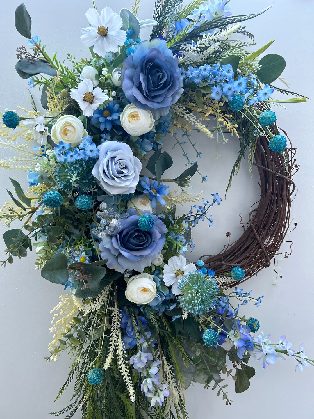 Blue Floral Spring Wreath / Summer Wreath / Front Door Decor / Year ...