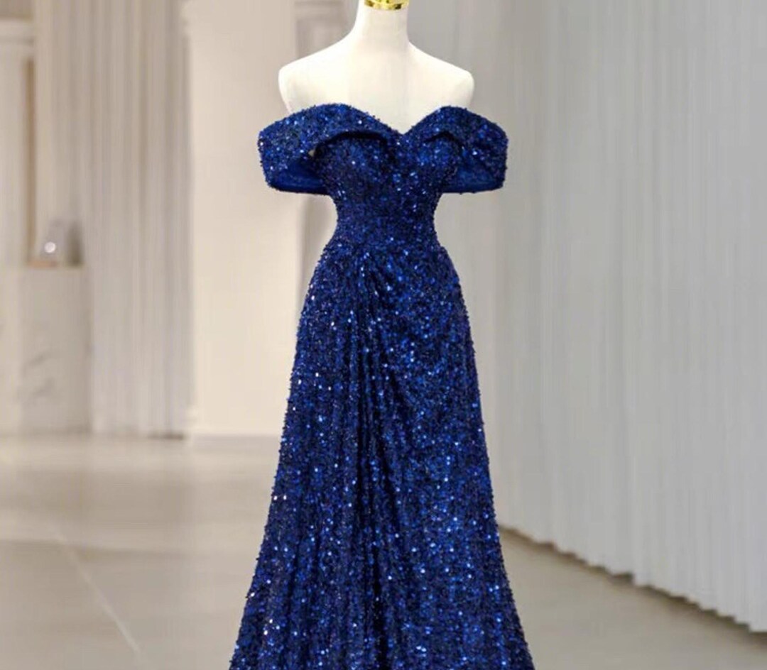 Glitters Navy Blue Prom Dress, Navy Blue Sequined Off-shoulder Ball Gown, Princess Dress, Formal ...