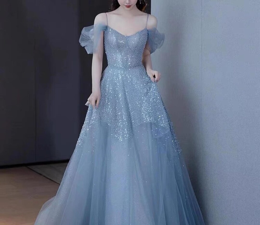 Blue Glitters Prom Dress, Elegant Straps Princess Ball Gown, A Line ...