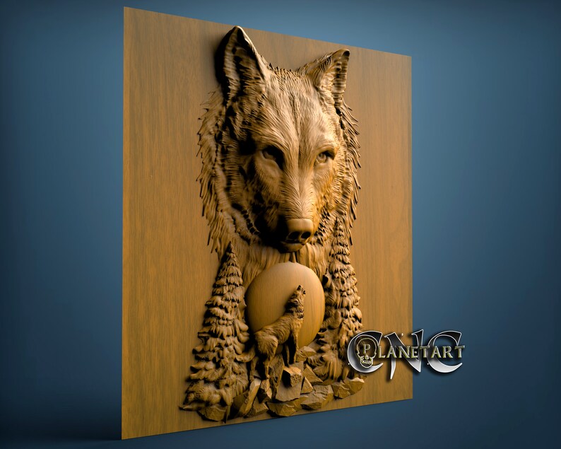 Wolf And Moon 3d Stl Model Cnc Router Engraver Artcam Etsy
