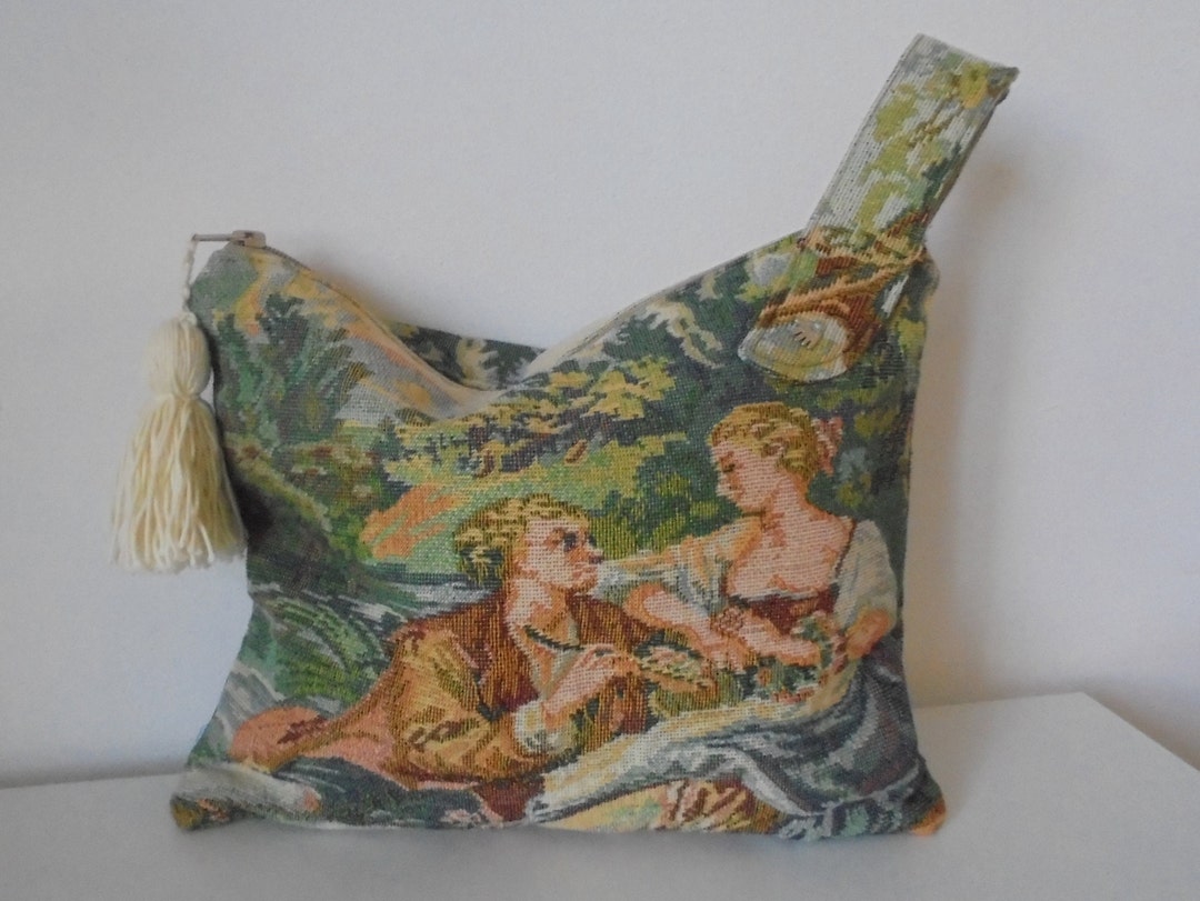 Handmade Romantic Couple Scene Fabric Clutch Bag Mid Century Canvas ...