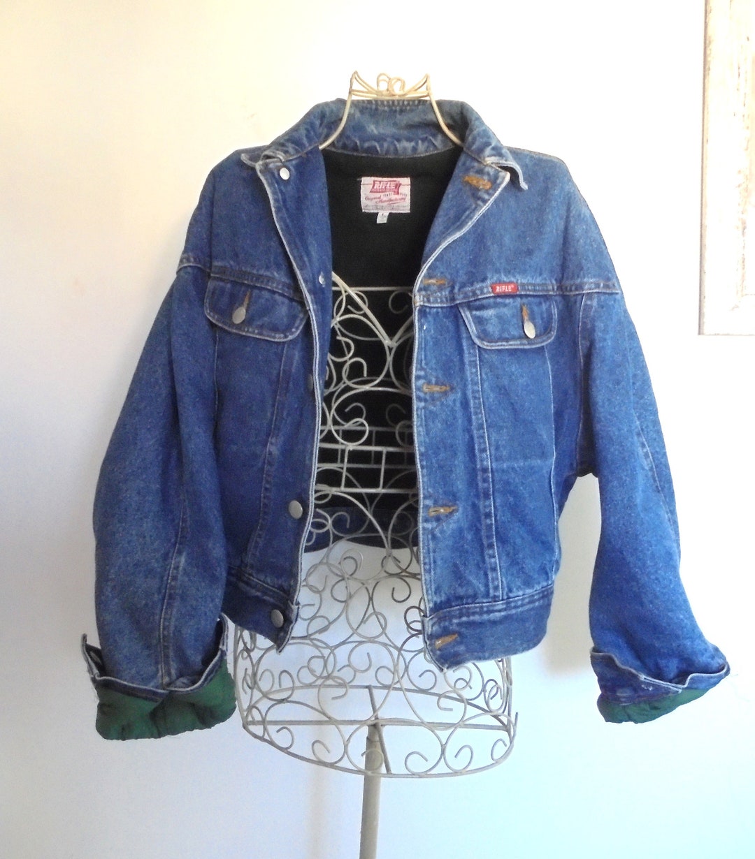 Vintage 80s RIFLE Denim Jacket, Batwing Sleeves, Wool Lined, Made in ...