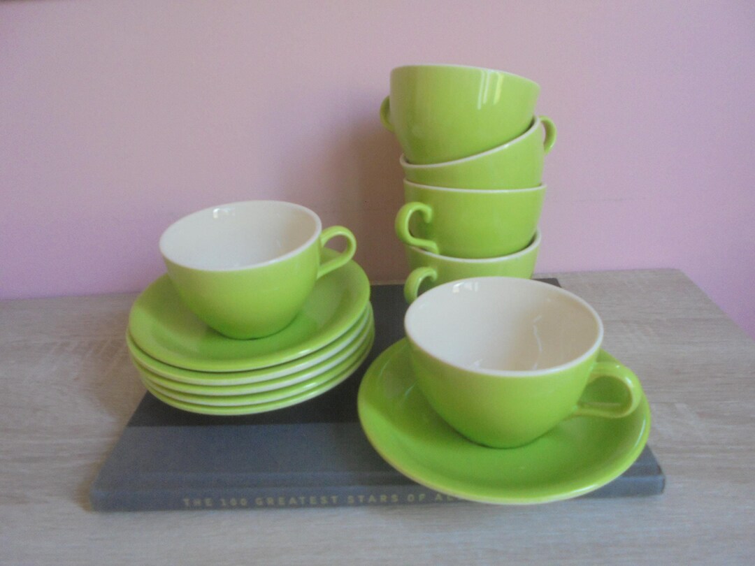 TAMS England Six Cup & Saucer Ceramic Tea Set Bright Green Retro ...