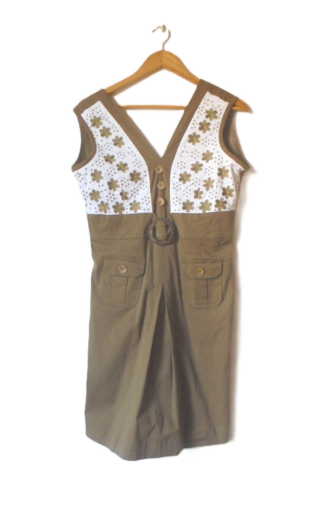 Spanish Retro Sundress - Brown Cream Embroidered Floral Fitted Dress ...