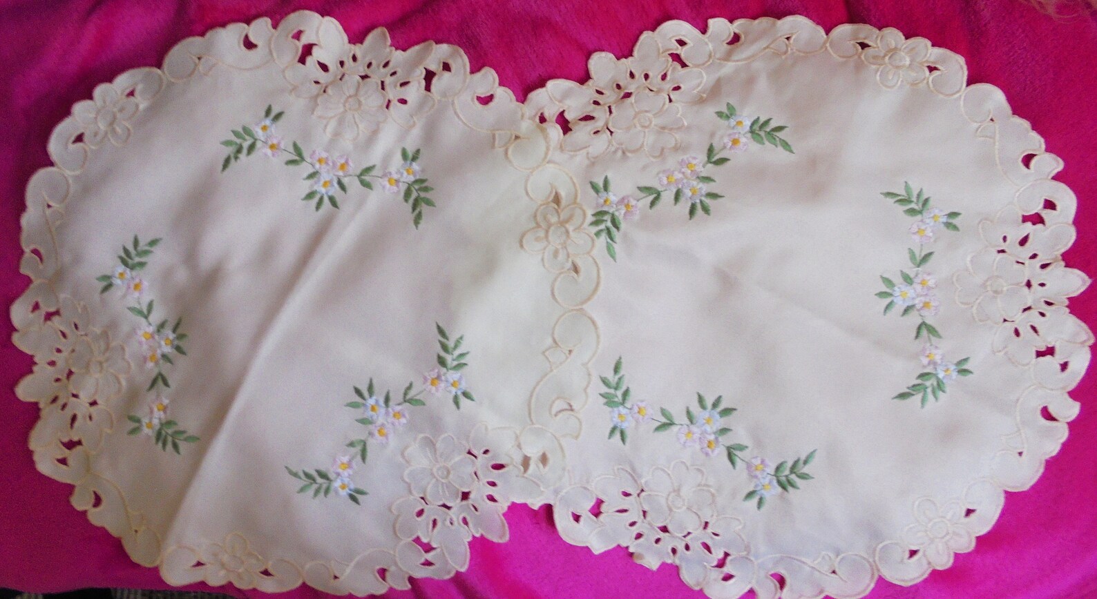 Cream Satin Place Mats X 2 Embroidered Flowers Floral Edging - Etsy