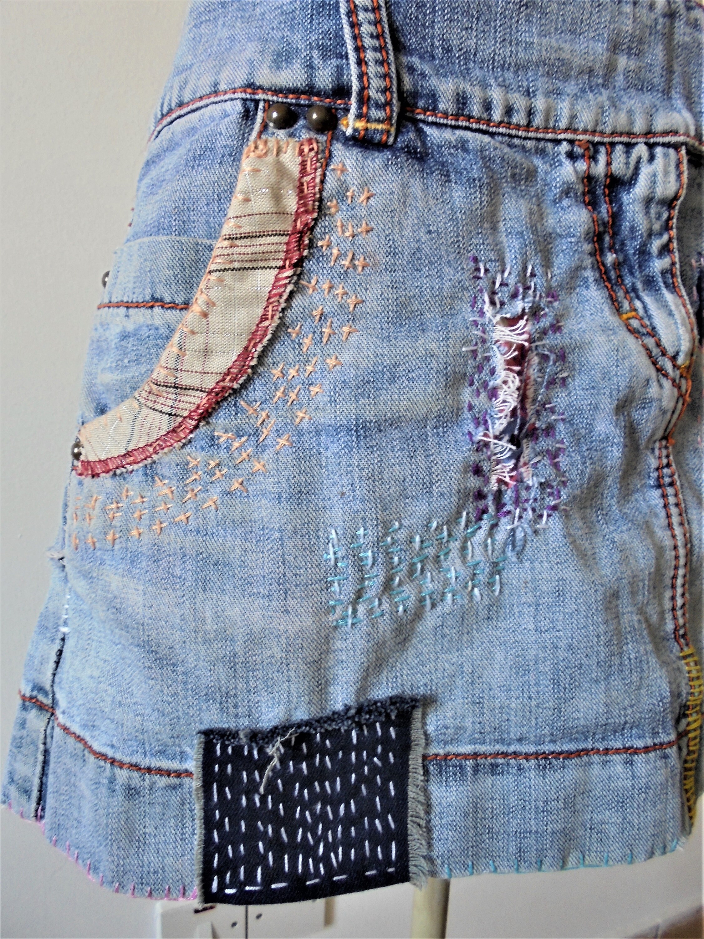 Denim Skirt Upcycled Embroidered Boho Festival Handmade Sewn Unique ...