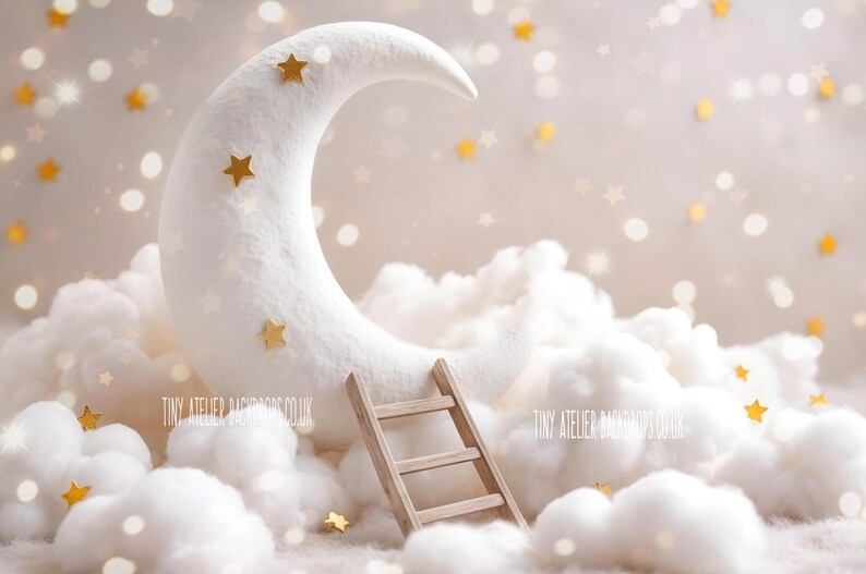 Pretty Fluffy Moon & Stars Themed Newborn Photography Digital Backdrop ...